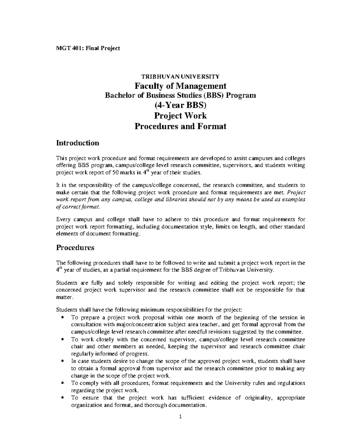 MGT 401: Final Project Work Guidelines for BBS Program at TU - Studocu