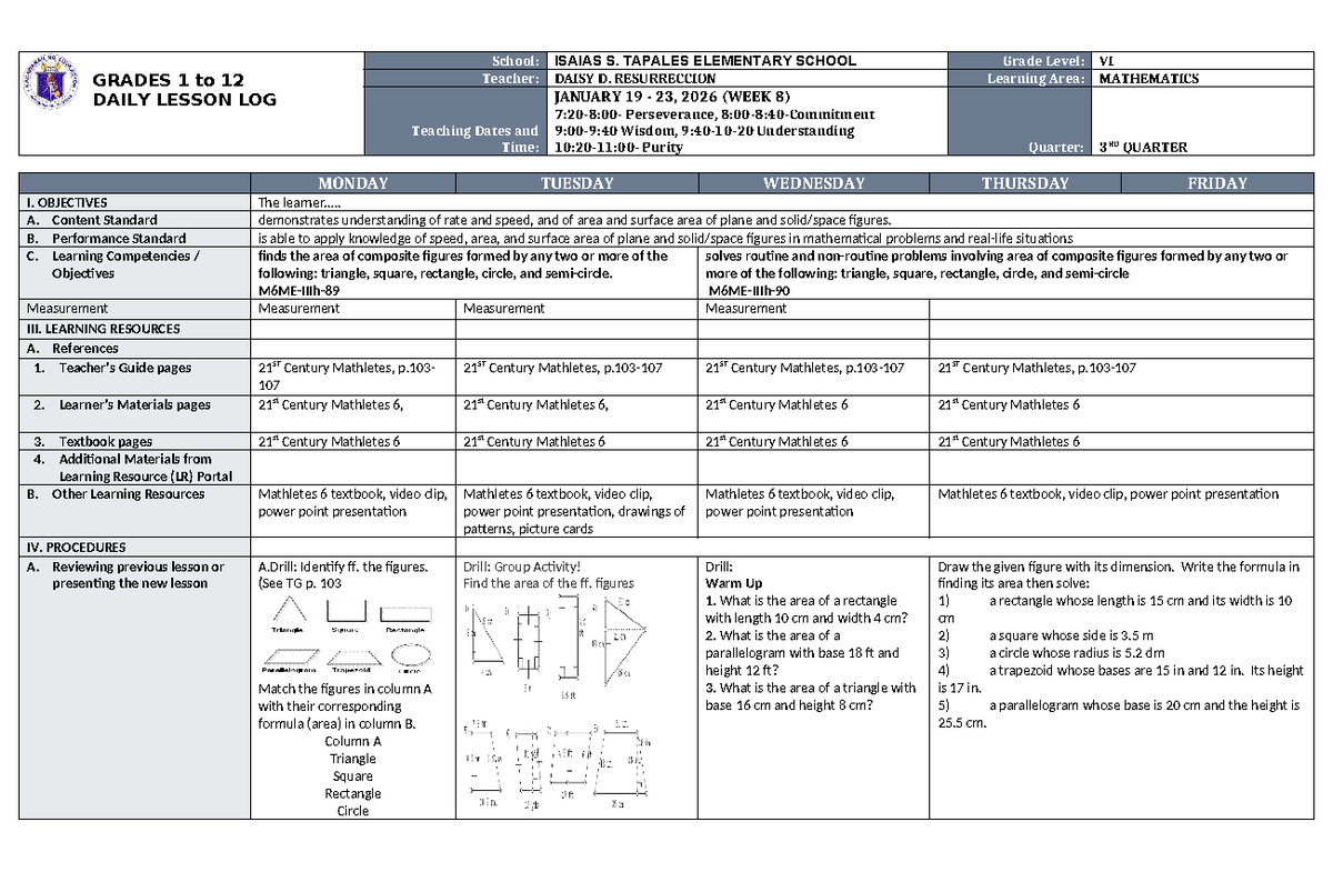 DLL Mathematics 6 Q3 Week 8: Area and Composite Figures - Studocu