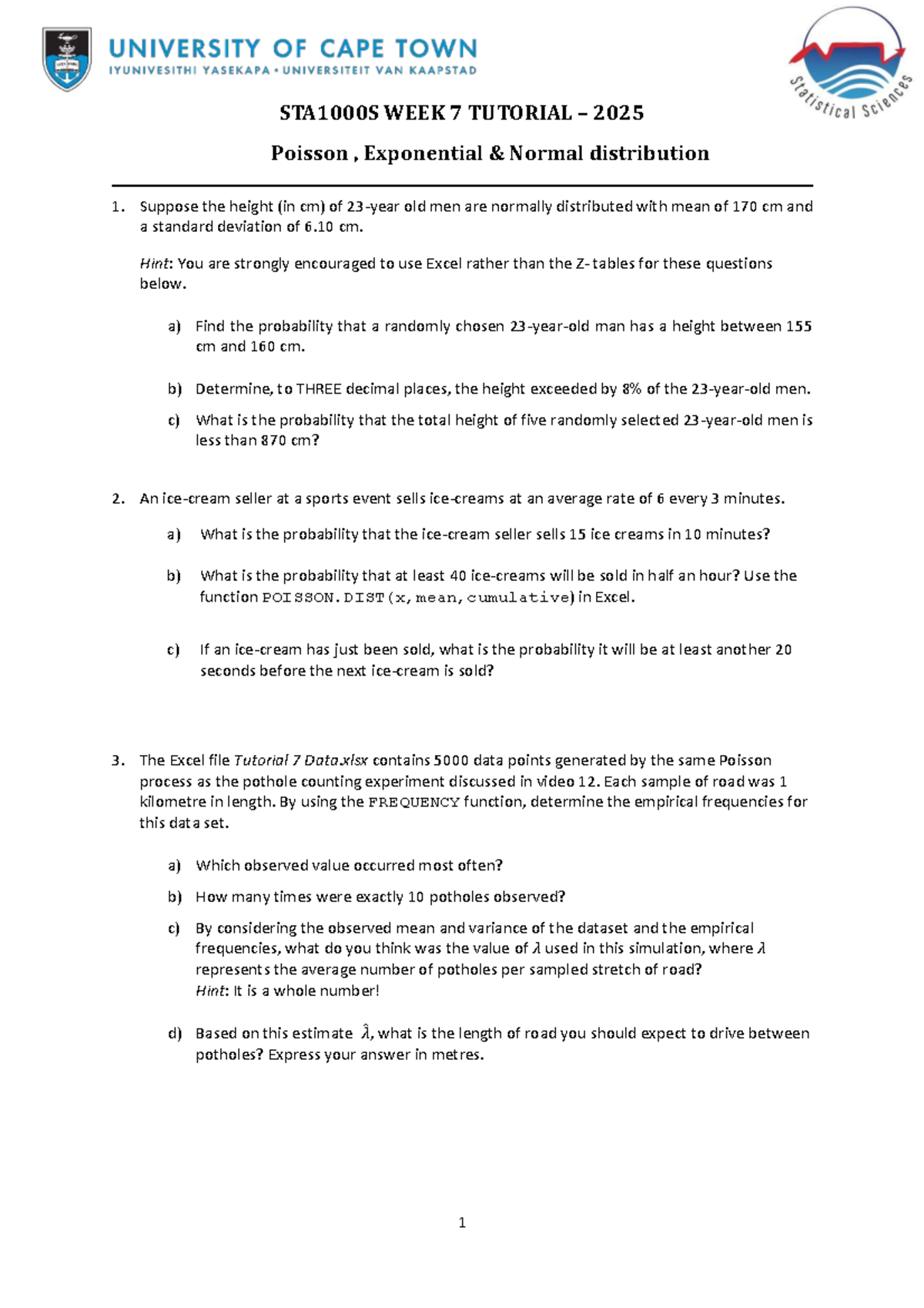 WEEK 7 TUTORIAL STA1000S 2025: Poisson & Normal Distributions - Studocu
