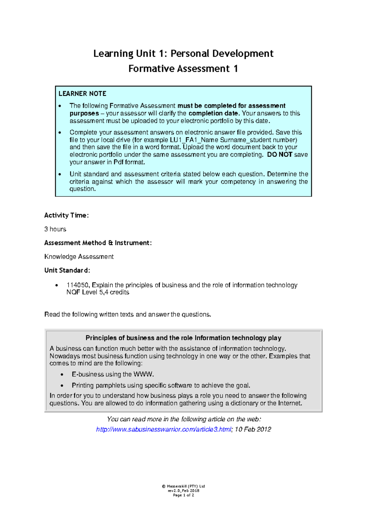 Learning Unit 1: Personal Development - Formative Assessment 1 (Unit ...