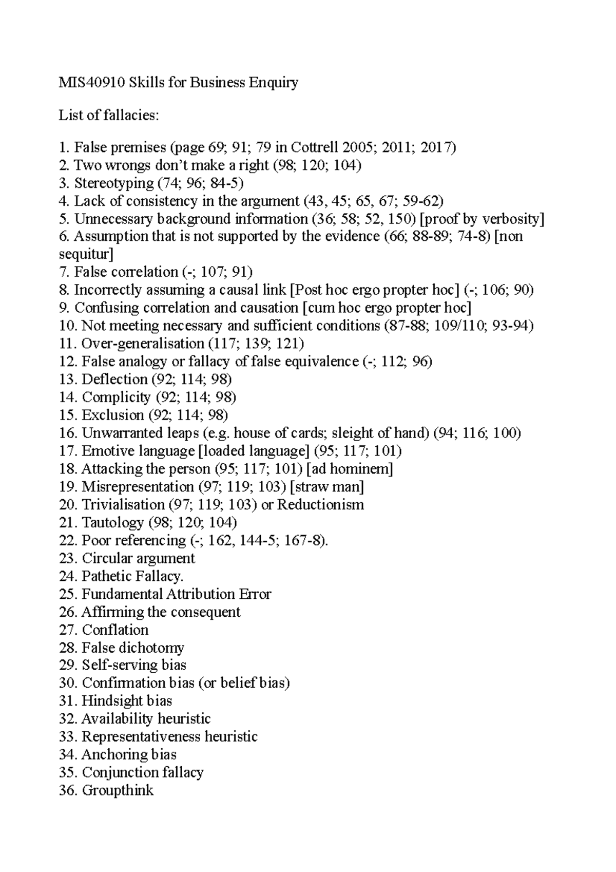List and summary of fallacies - MIS40910 Skills for Business Enquiry ...