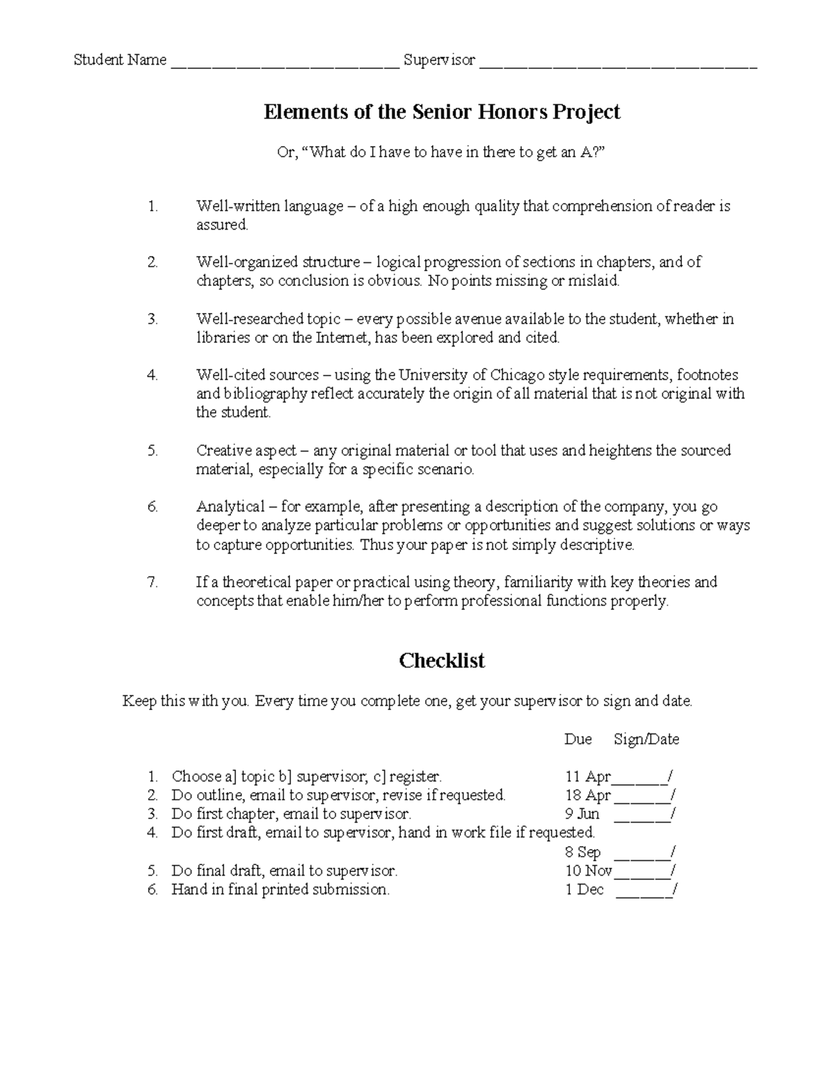 Senior Honors Project Guidelines and Checklist - Studocu