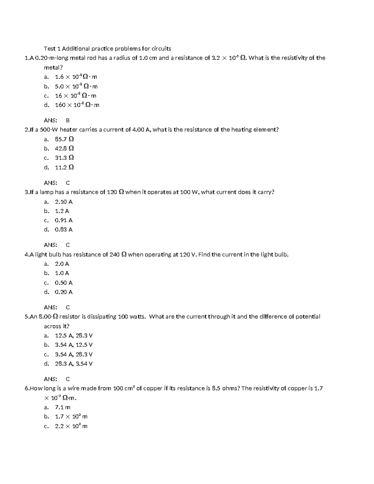 Test 1: Additional Practice Problems for Circuits - Studocu