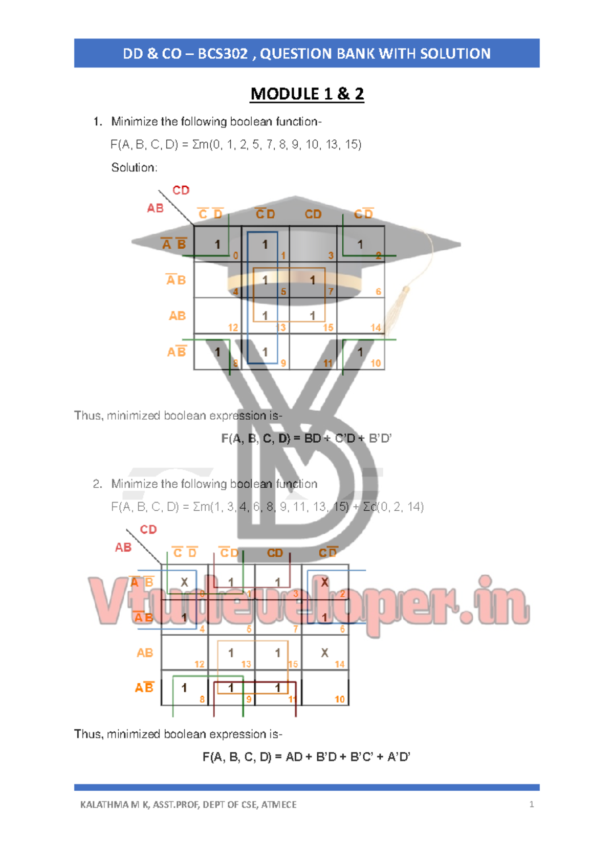 DDCO QB&Ans @vtudeveloper - MODULE 1 & 2 1. Minimize the following boolean function- F(A, B, C ...