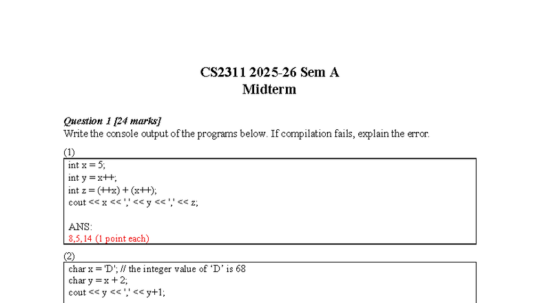 CS2311 Sem A Midterm A Solutions and Console Output Analysis - Studocu