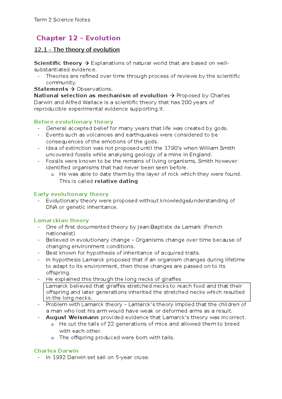 Term 2 Science Notes: Chapter 12 - Evolution and Natural Selection ...