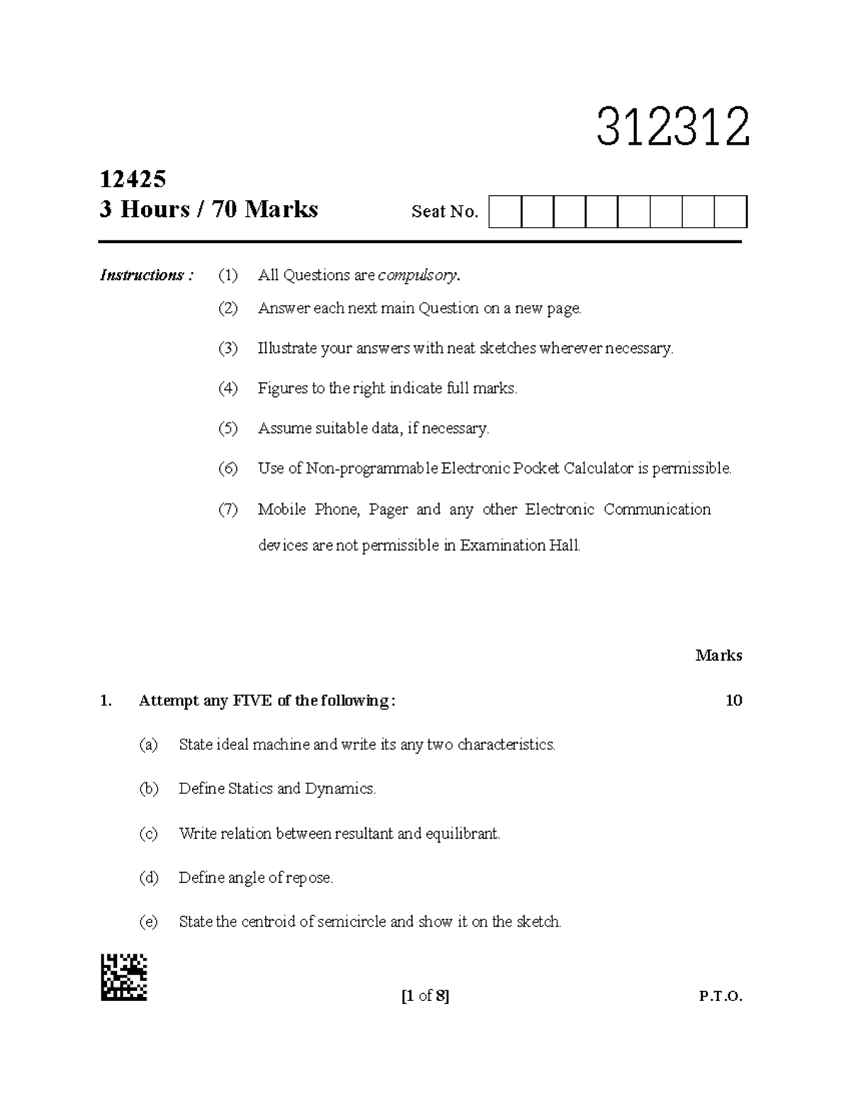 12425 Final Exam Practice Paper: Mechanics & Statics - Studocu