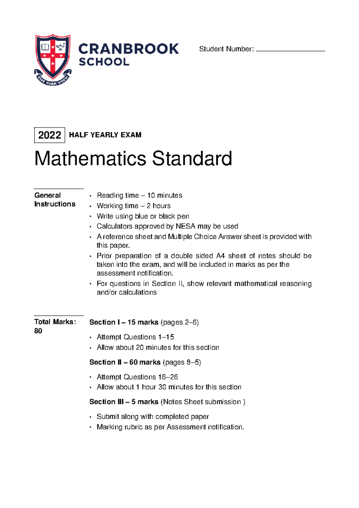 2022 MAS Half Yearly Exam Mathematics Standard (Total Marks: 80) - Studocu