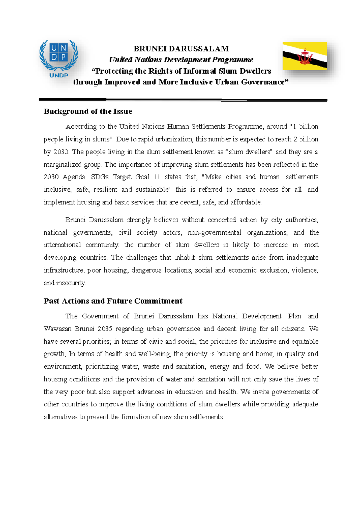Position Paper - UNDP Brunei Darussalam on Rights of Slum Dwellers ...