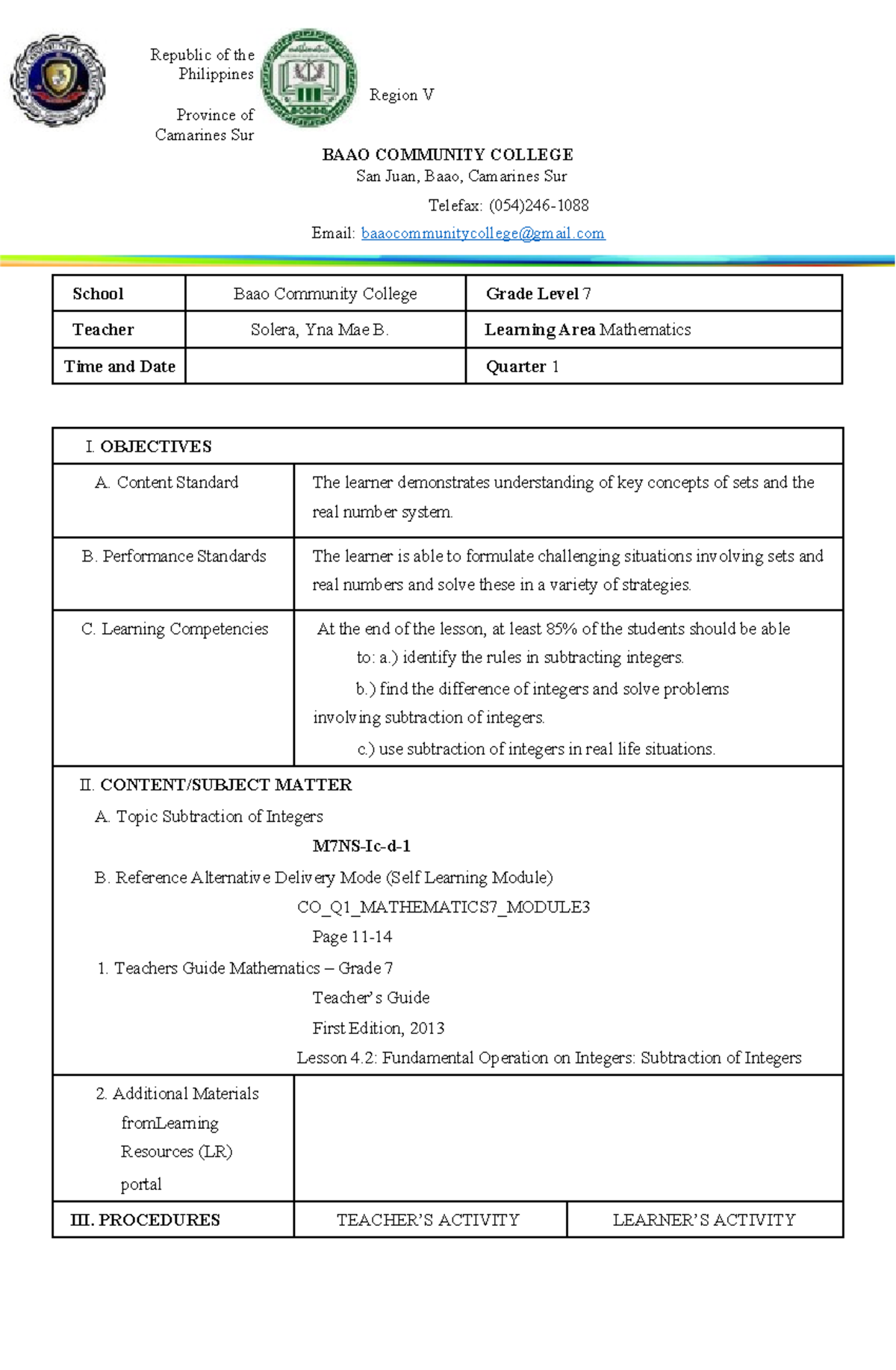Grade 7 Mathematics Lesson Plan: Subtraction of Integers (M7NS-Ic-d ...