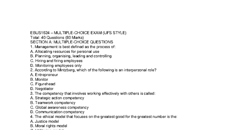 EBUS1624 Final Exam: Multiple Choice Questions (40 Questions) - Studocu