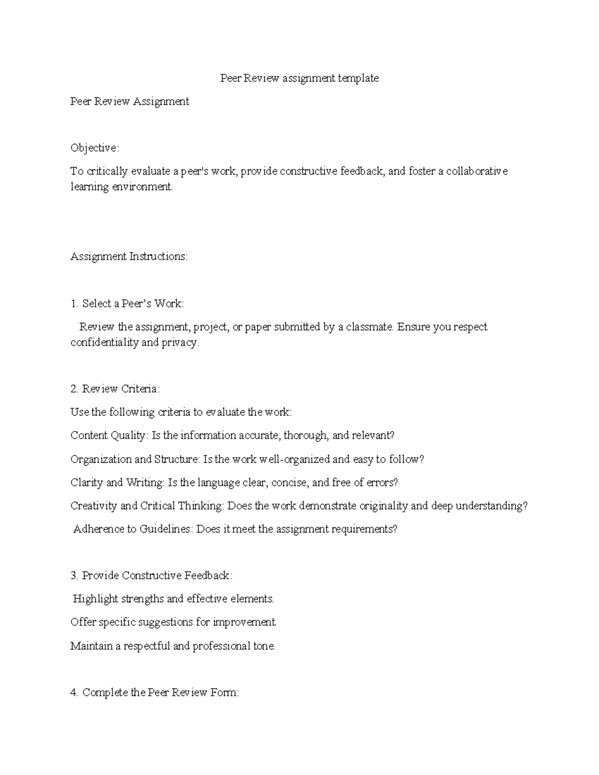 Peer Review Assignment Template: Constructive Feedback Guide - Studocu
