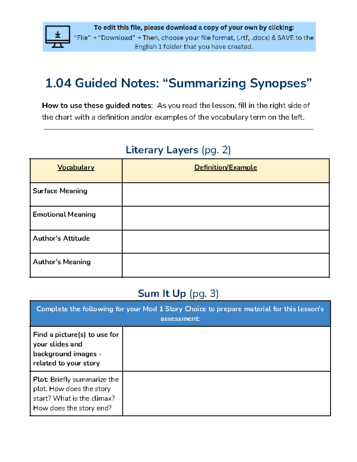 1.04 Guided Notes: Analyzing Literary Elements for Mod 1 Story Choice ...