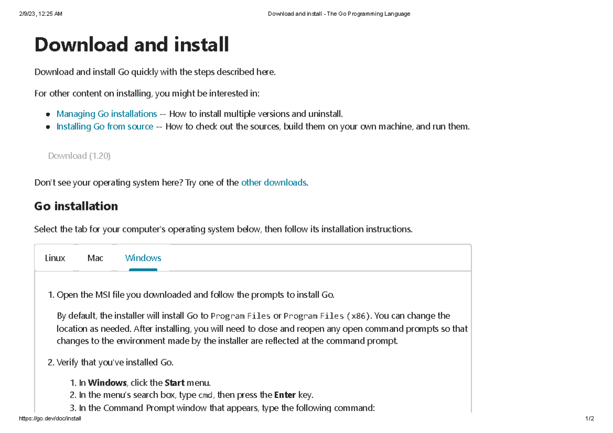 Download and install - The Go Programming Language - 2/9/23, 12:25 AM ...
