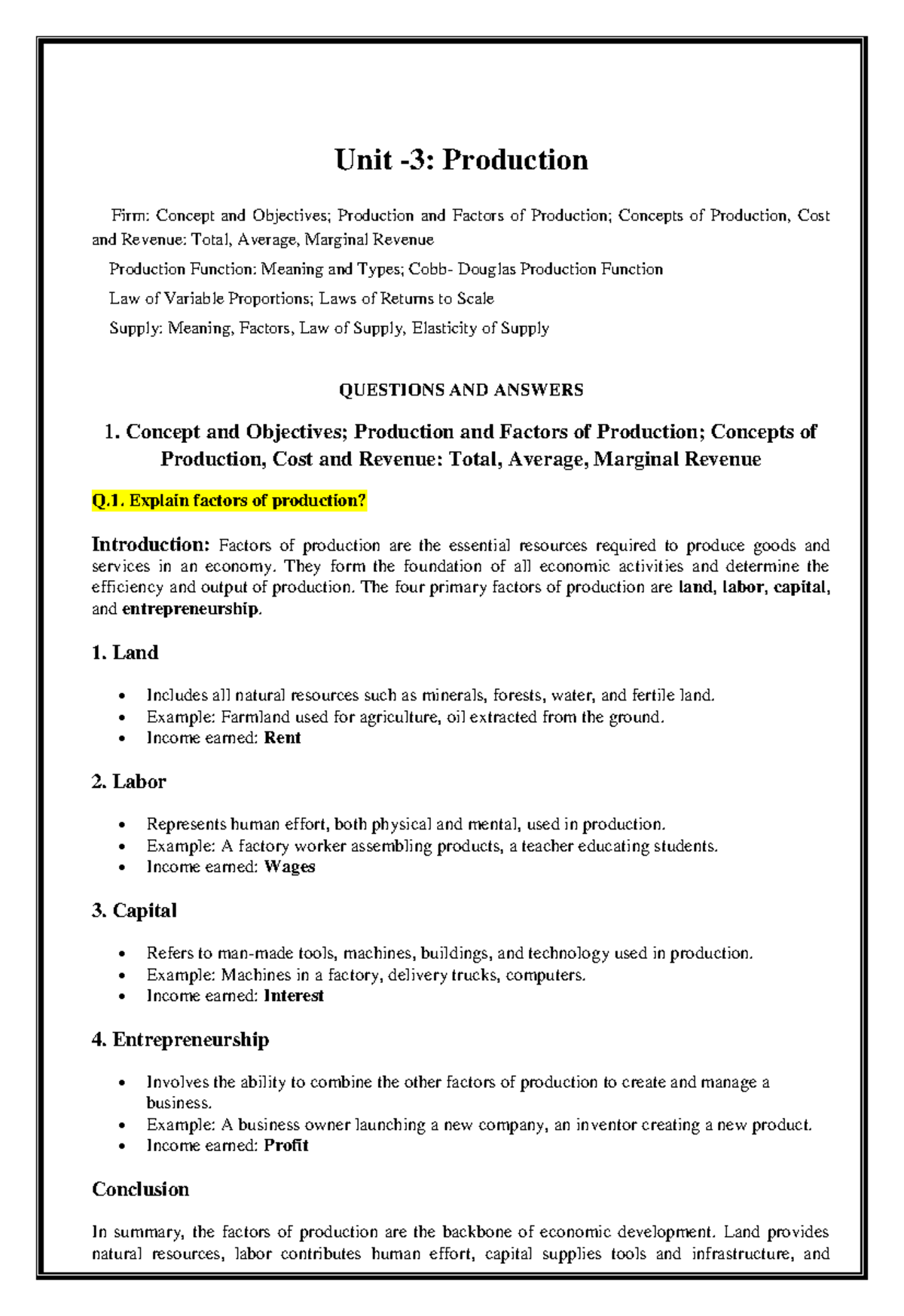 Unit-3- Micro Economics - Unit - 3: Production Firm: Concept and ...