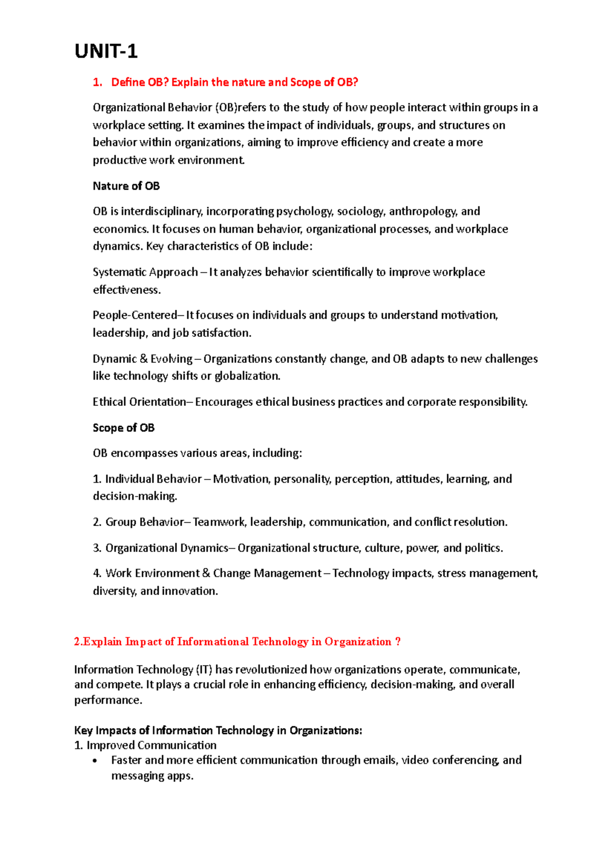 OB UNIT-1: Understanding Organizational Behavior, IT Impact, and Reward ...
