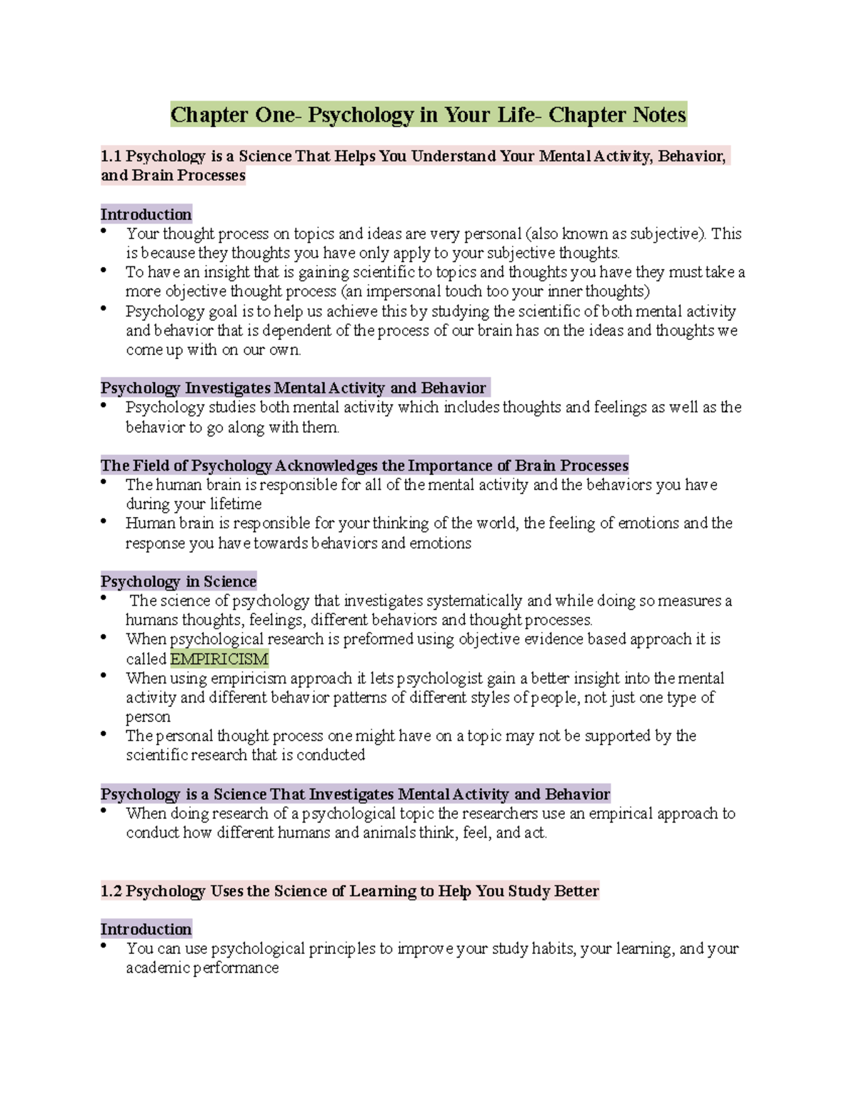 Chapter One- Psych-102 - Chapter One- Psychology in Your Life- Chapter ...