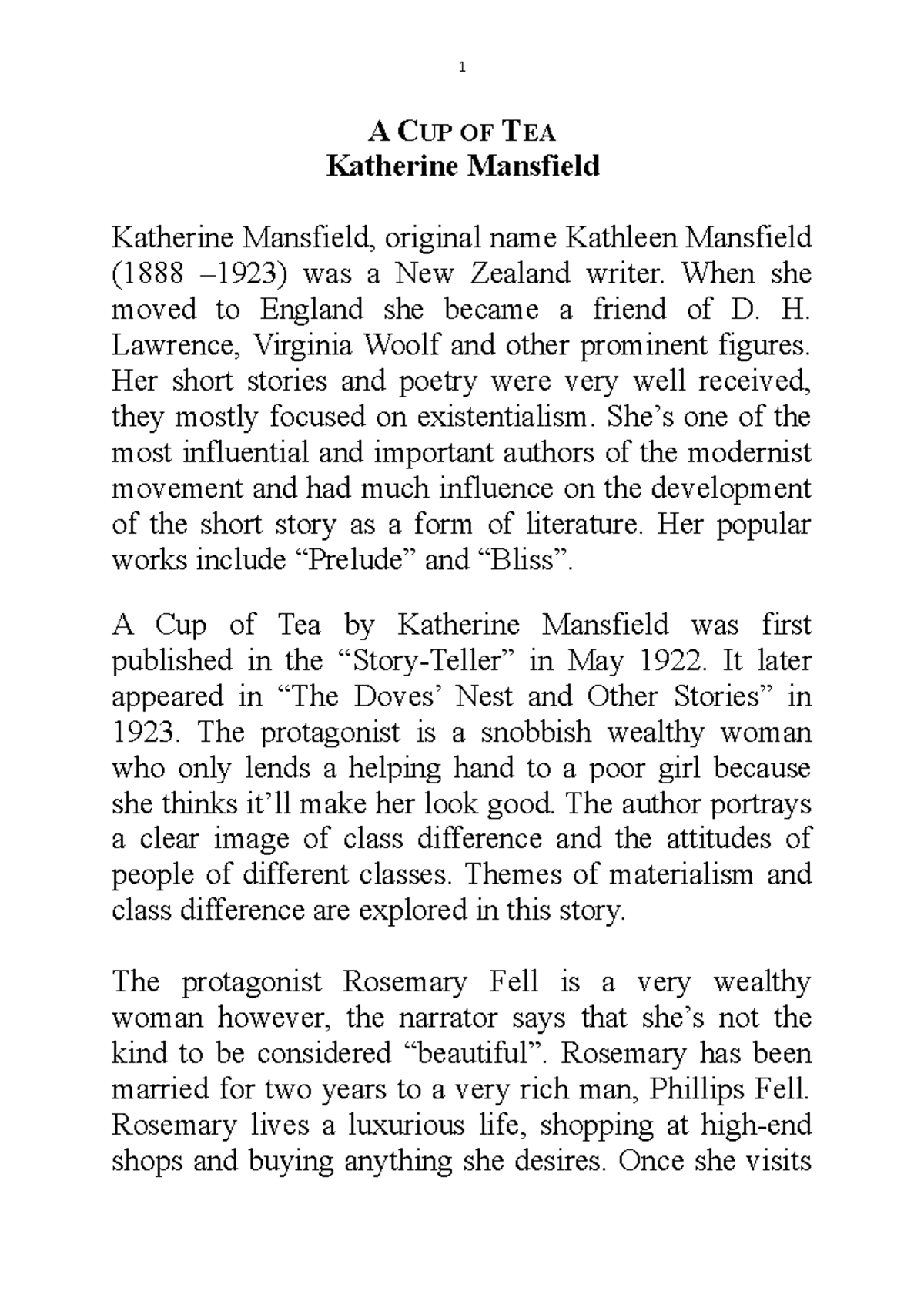 2023 A Cup of Tea summary - A CUP OF TEA Katherine Mansfield Katherine ...