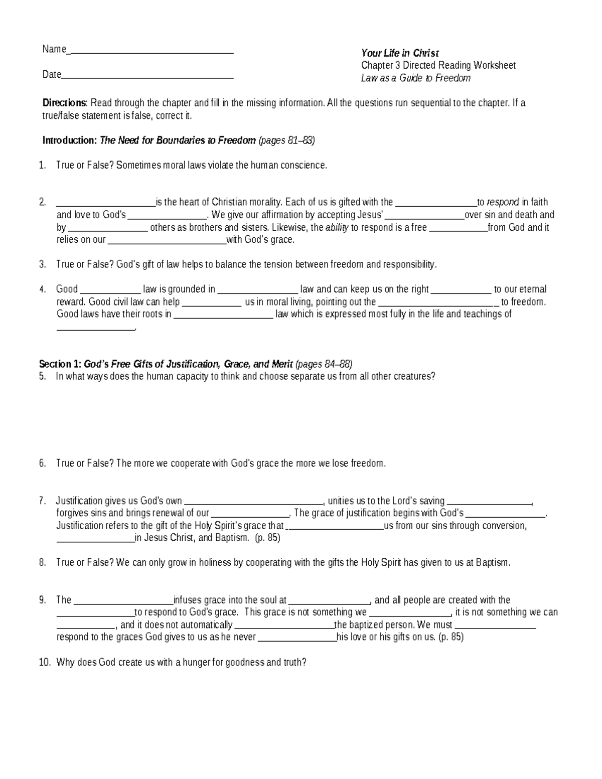 Ch. 3 Directed Reading Worksheet - Life in Christ Homework - Studocu