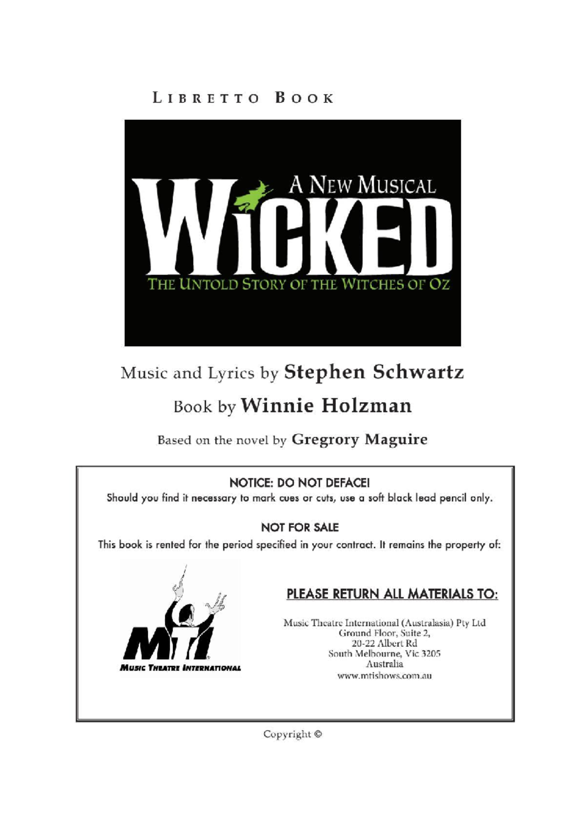 Wicked (mti vertion) - LIBRETTO BOOK A NEW Musical WICKED THE UNTOLD ...