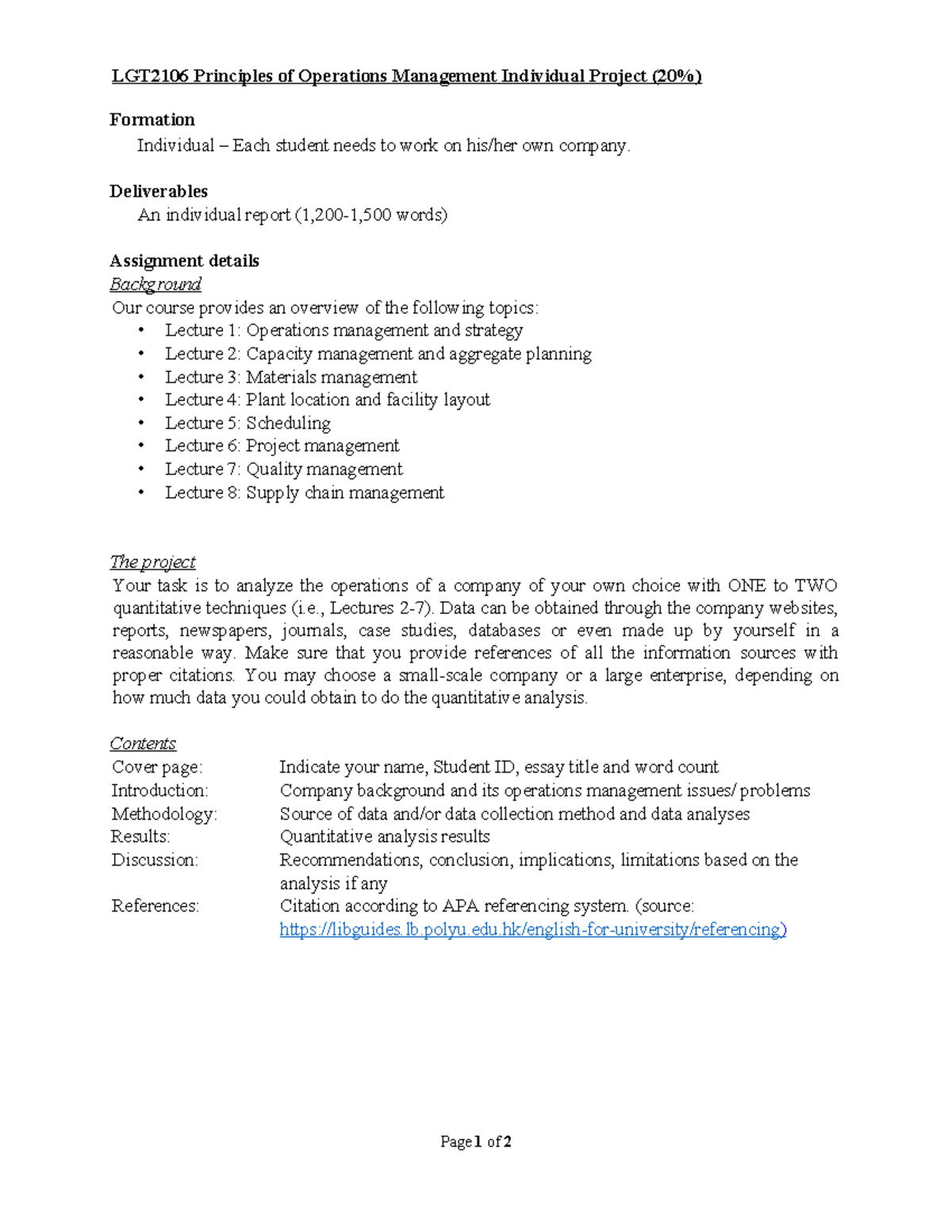 LGT2106 Individual Project: Operations Management Analysis Report - Studocu