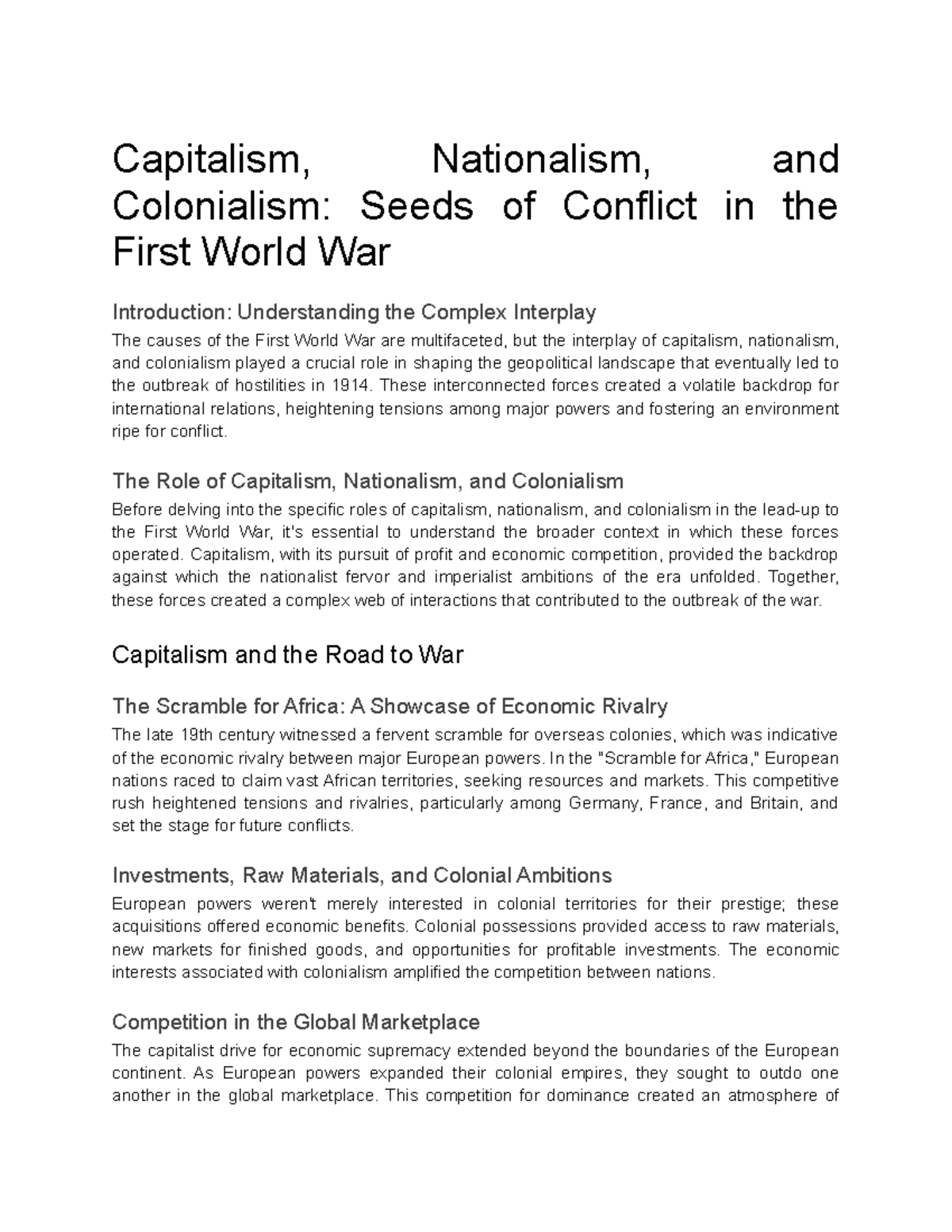 Capitalism, Nationalism, and Colonialism: Conflict Roots in WWI - Studocu