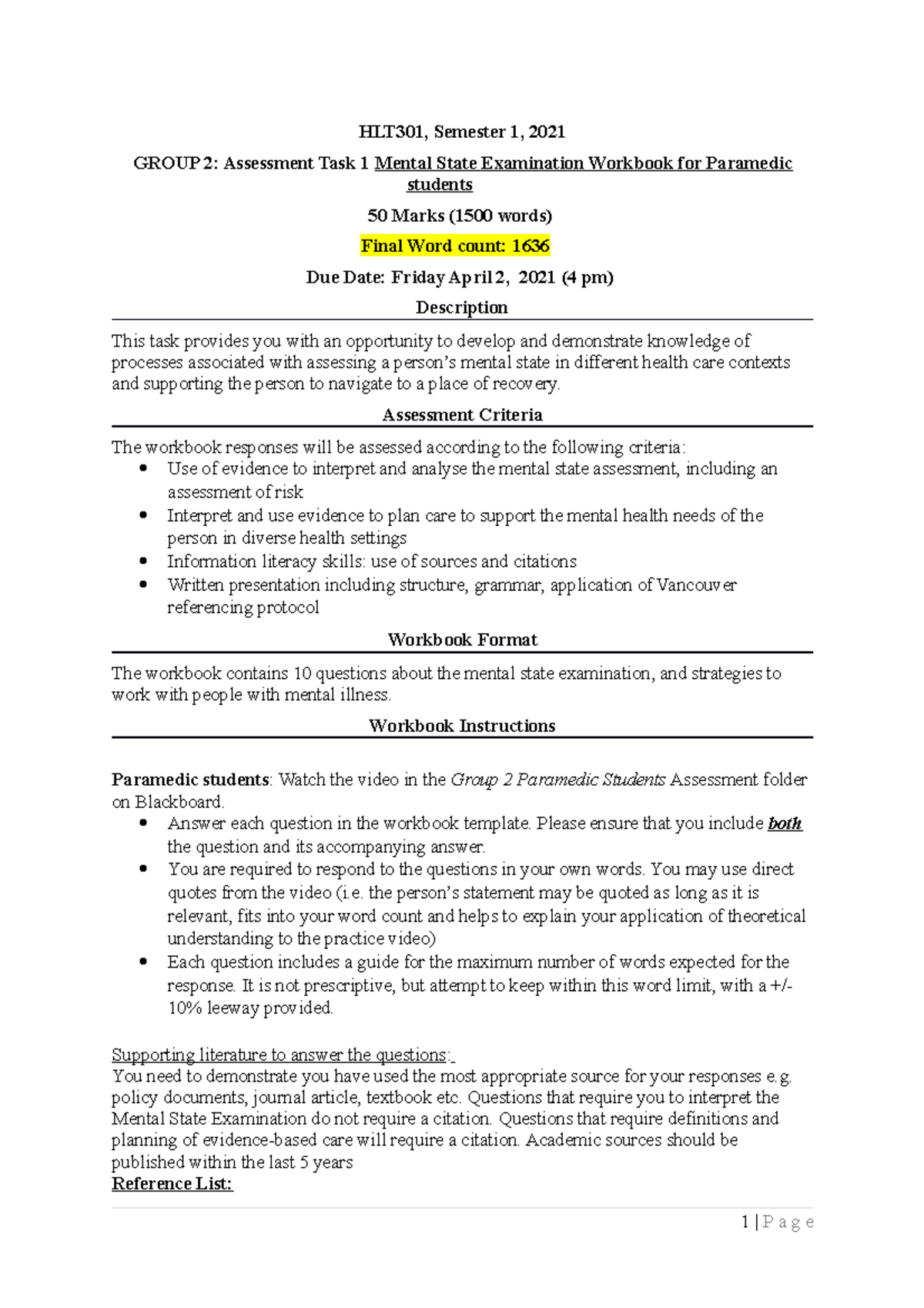 Task1 from HLT301 - Complete assignment - HLT301, Semester 1, 2021 ...