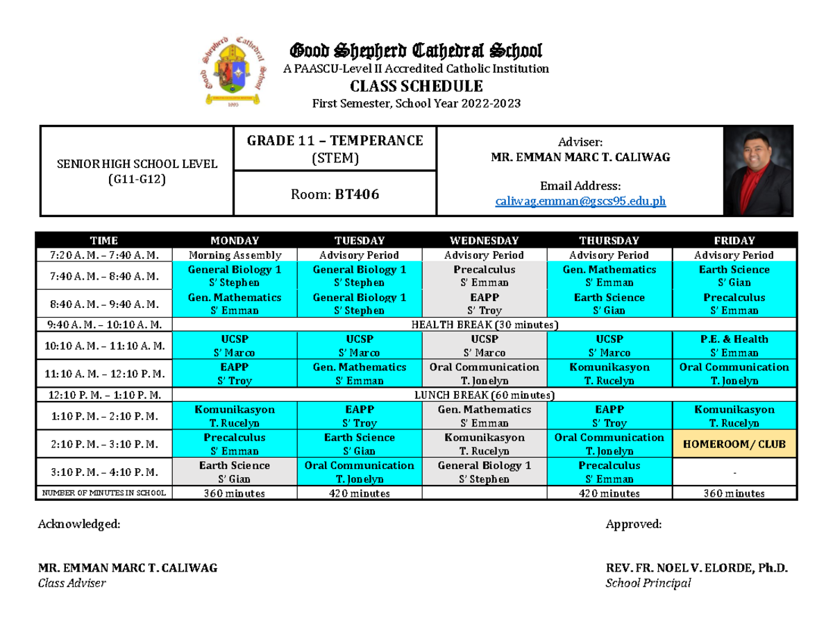Grade 11 (STEM) - Temperance Class Schedule for First Semester 2022 ...