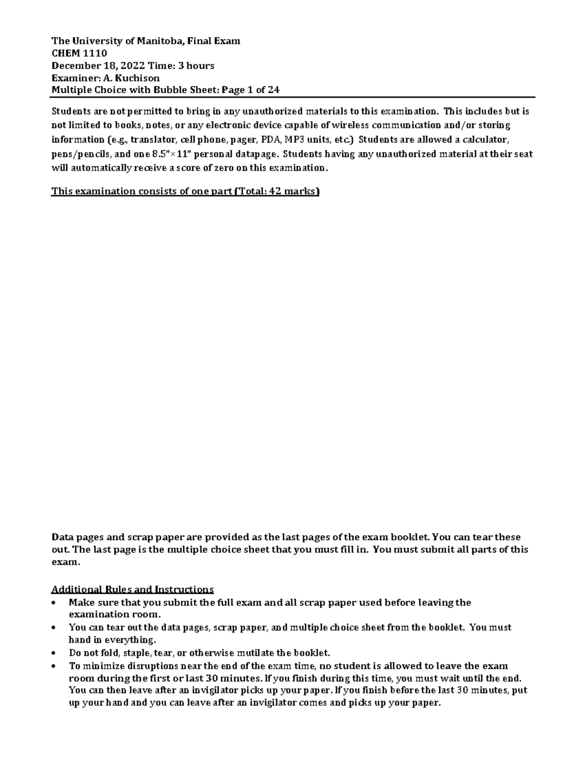 CHEM1110 F22 - Final Exam Practice Questions and Instructions - Studocu