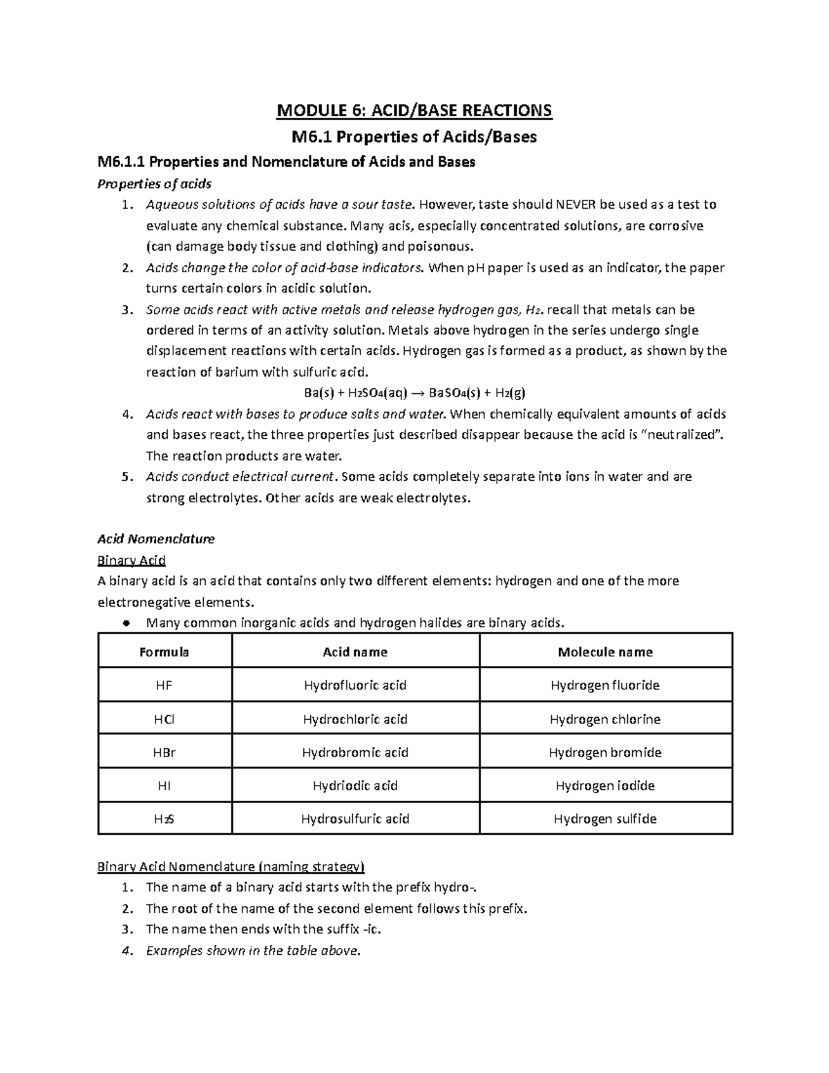 Zhang Module 6 Chem notes - MODULE 6: ACID/BASE REACTIONS M6 Properties ...