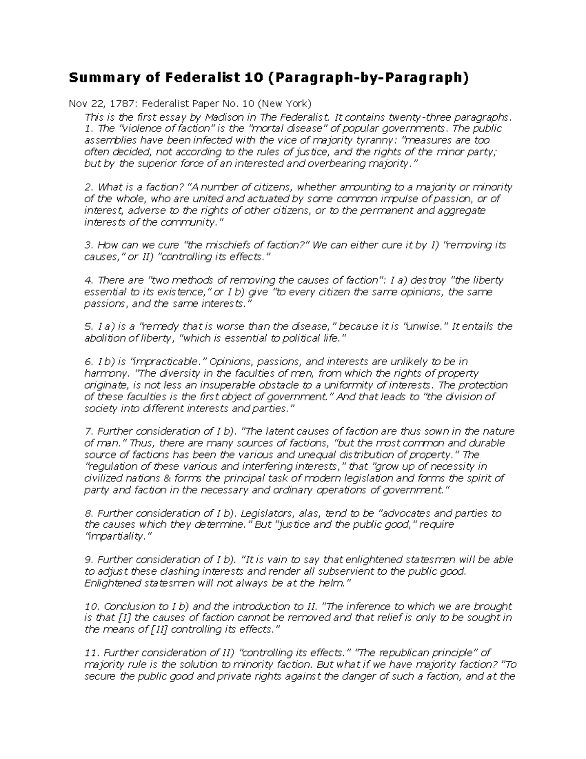 Federalist Paper No. 10 Summary - A Deep Dive into Factions - Studocu