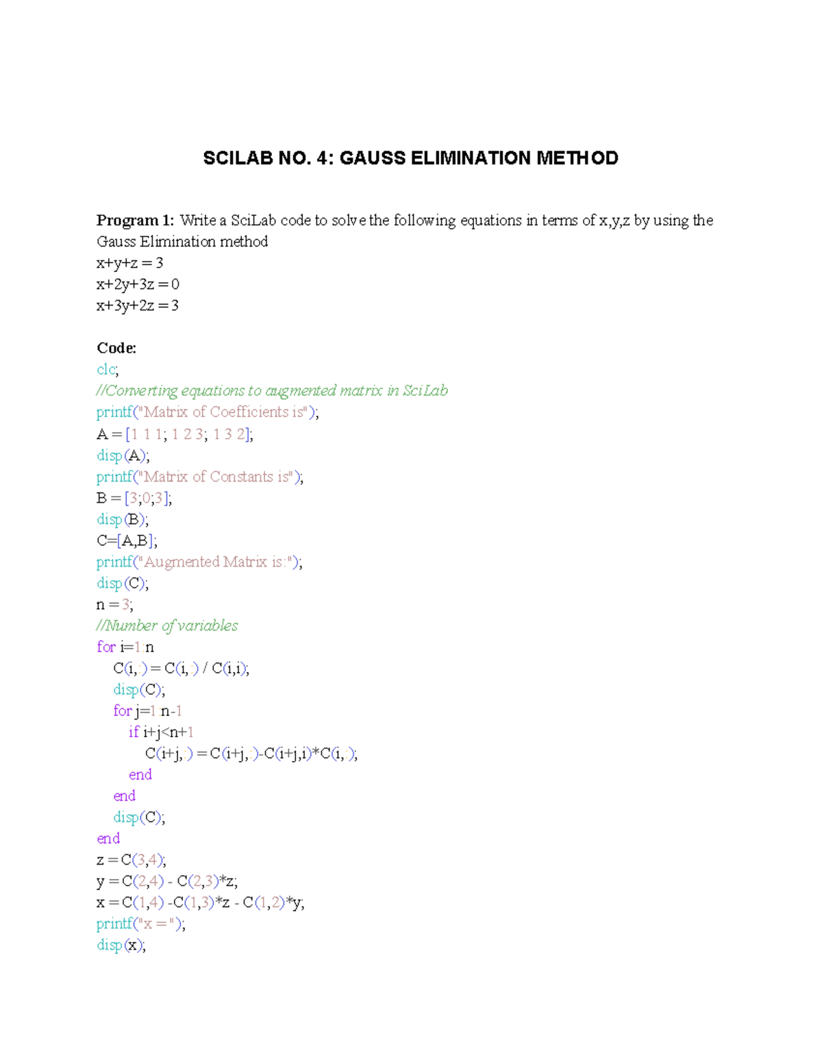Sci Lab No 4 Gauss Elimination Lab Scilab No 4 Gauss Elimination Method Program 1 Write A