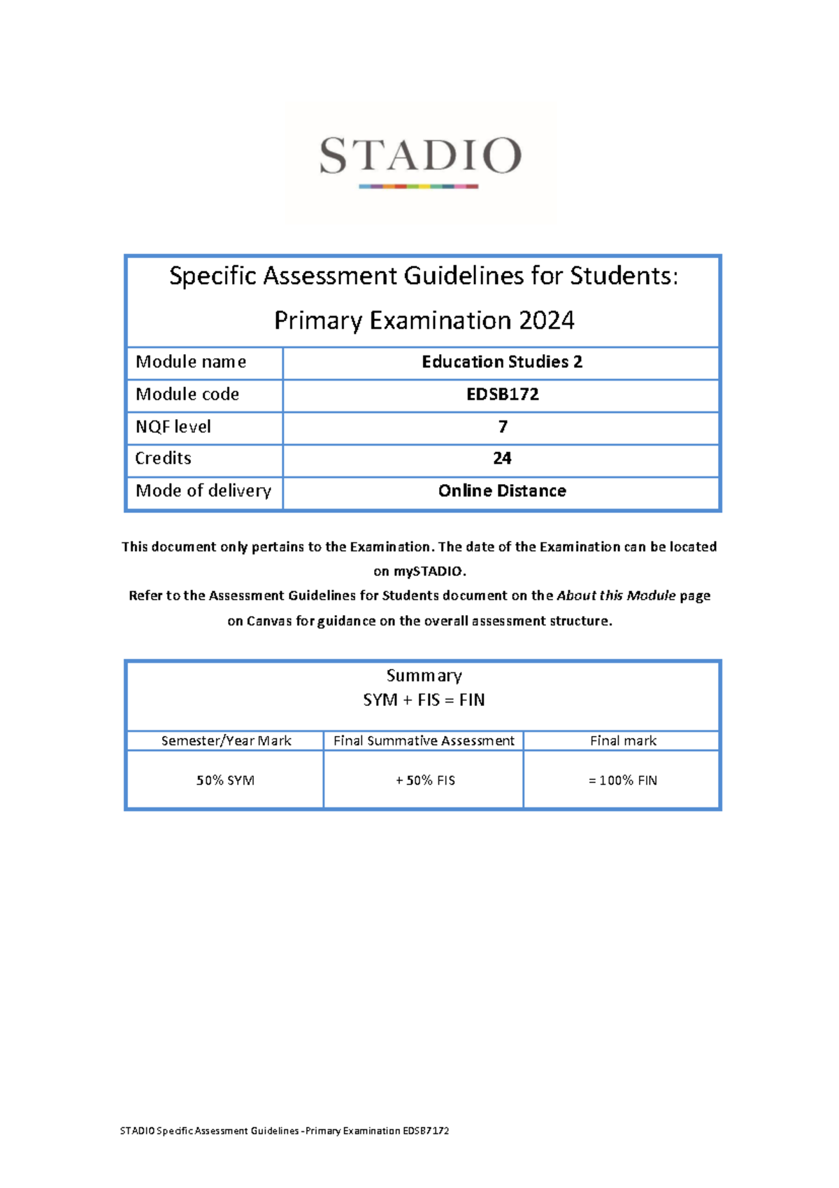 2024 EDSB172 Specific Assessment Guidelines for Primary Exam - Studocu