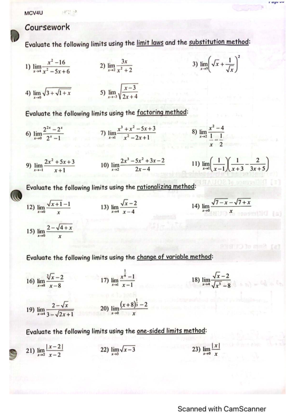 MCV4U Limits Practice Quiz: Evaluating Various Limit Methods - Studocu