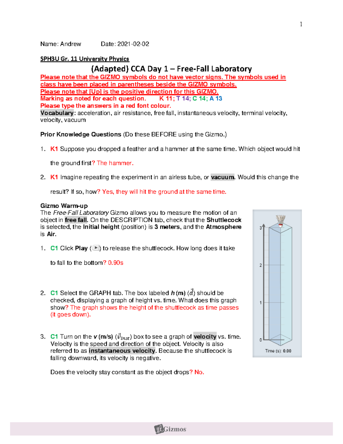CCA Day 1 SPH3U Free-Fall Lab: Exploring Motion and Forces - Studocu