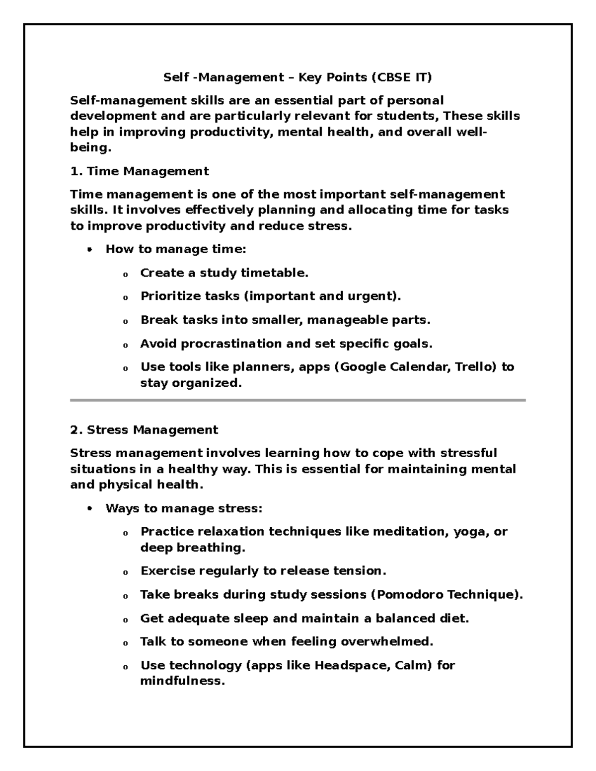 Self Management Skills Overview (CBSE IT) - Studocu