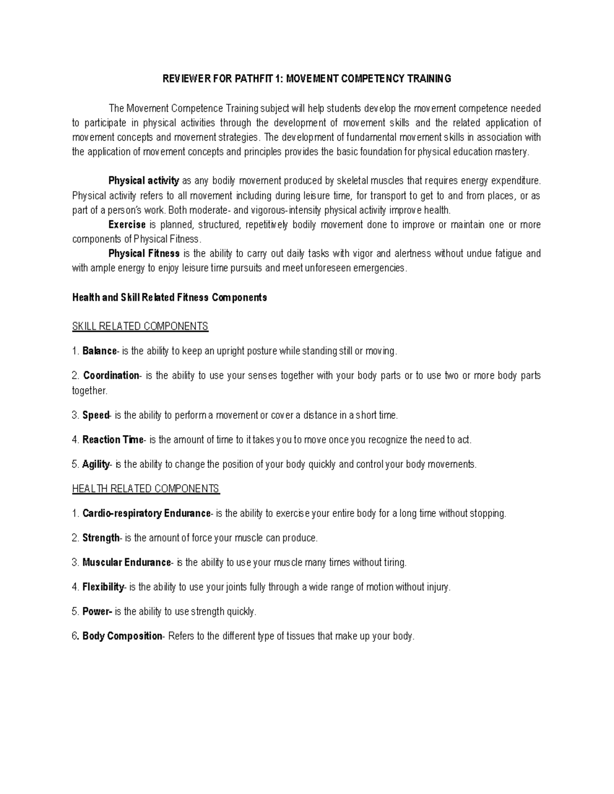 REVIEWER FOR PATHFIT 1: MOVEMENT COMPETENCY TRAINING NOTES - Studocu
