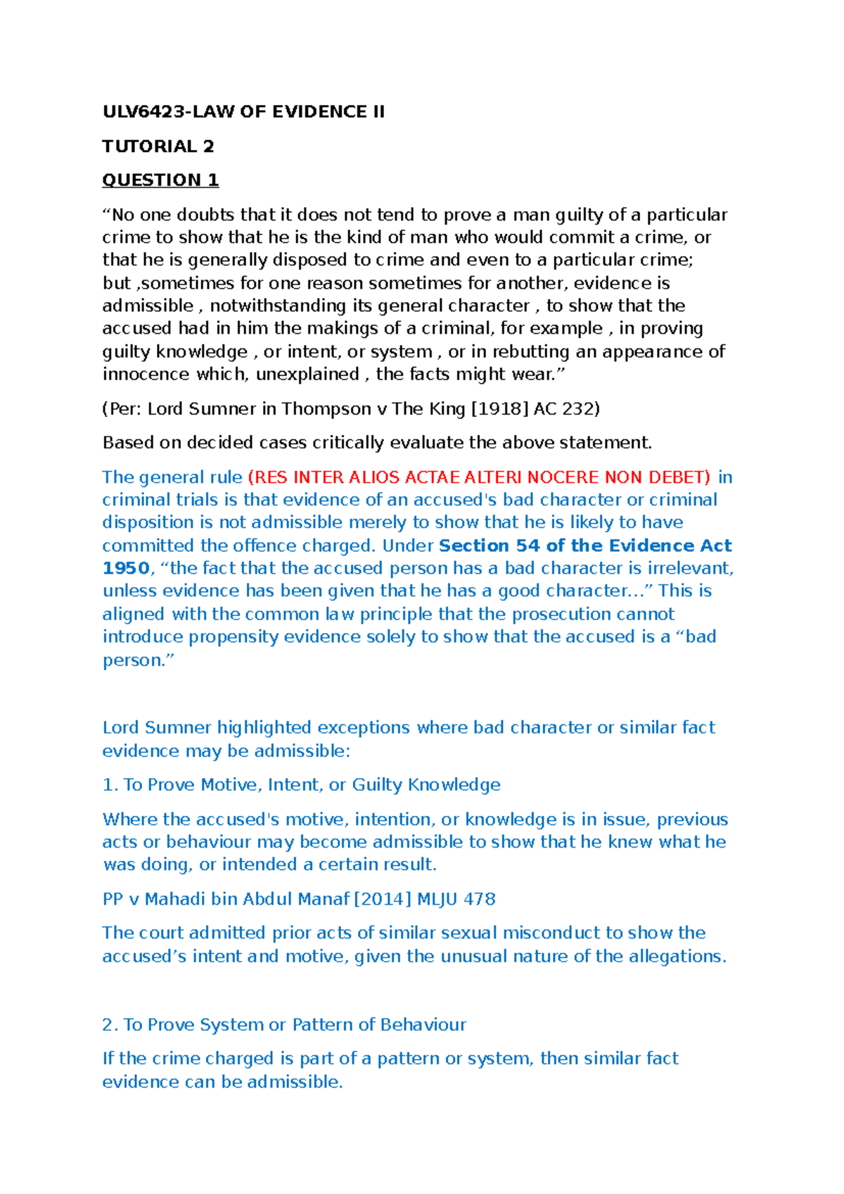 Evidence II Tutorial 2: Evaluating Admissibility of Character Evidence ...