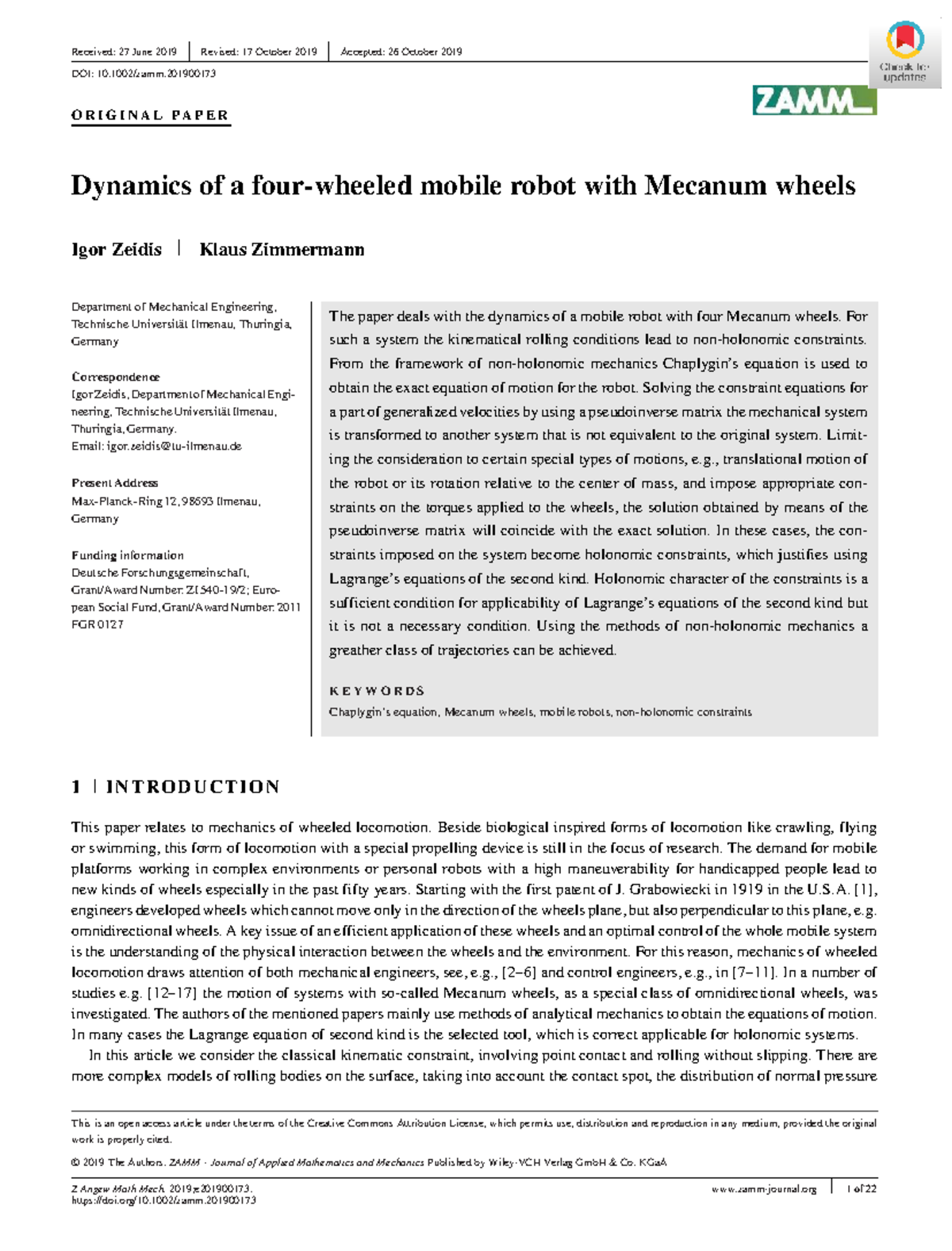 14-Dynamics of a Four-Wheeled Mobile Robot with Mecanum Wheels - Studocu