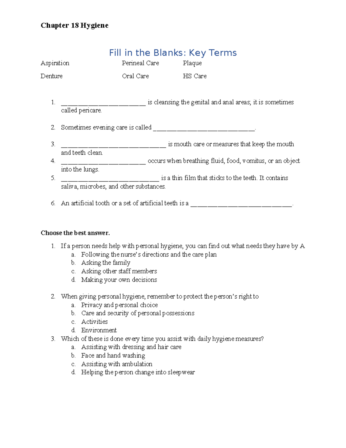 Chapter 18 Hygiene - Fill in the Blanks & Key Terms Review - Studocu
