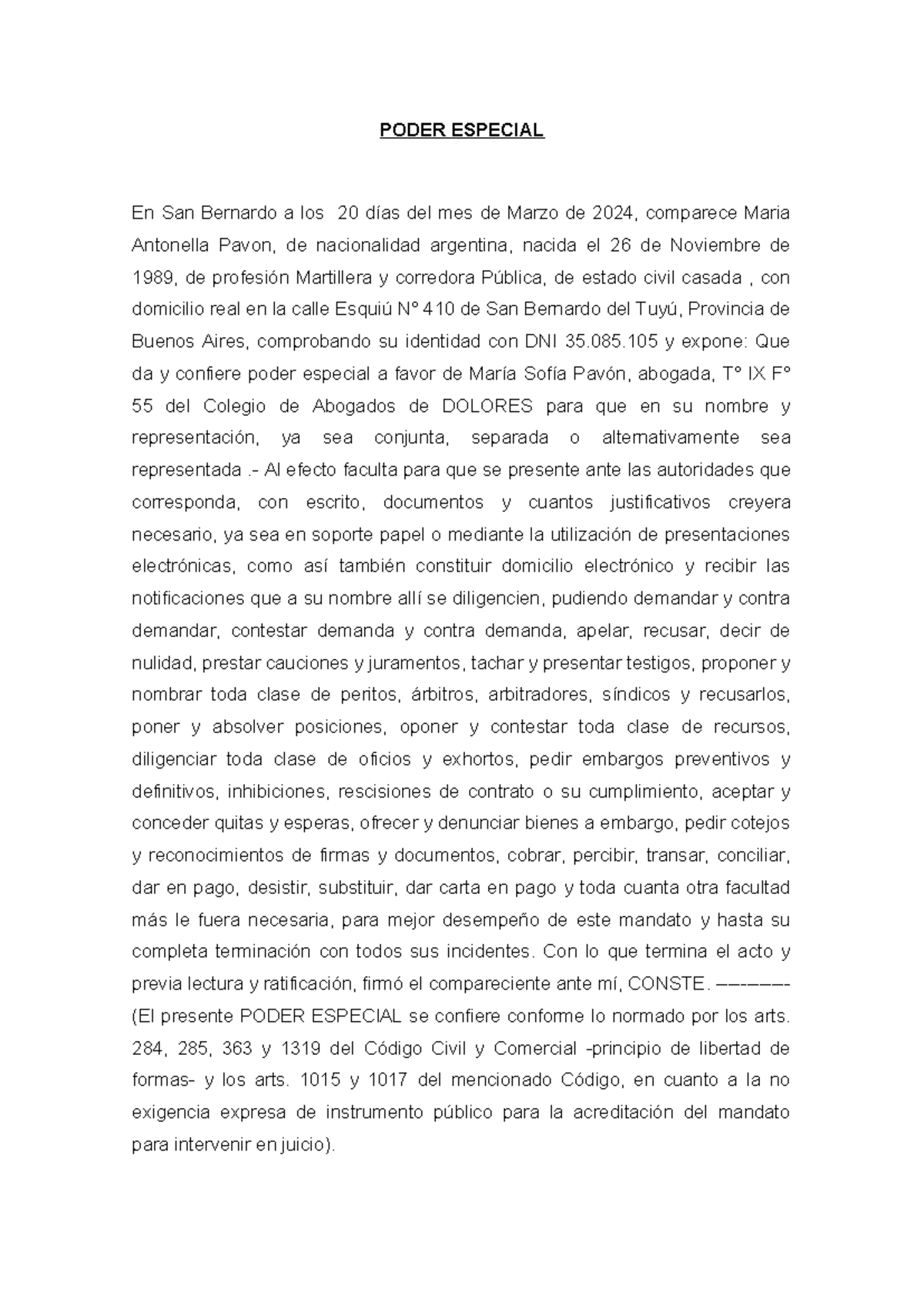 Modelo de Poder Especial Judicial - Documento Legal 2024 - Studocu