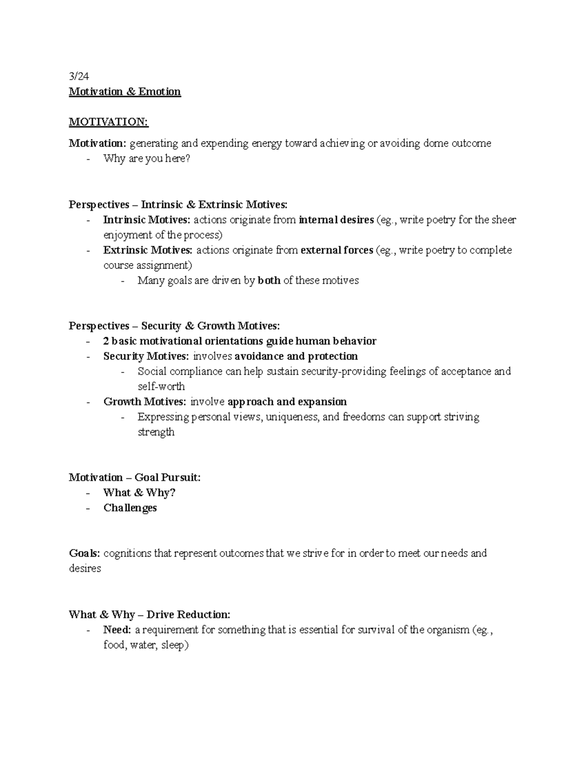 Psychology Notes on Motivation & Emotion: Concepts & Theories - Studocu