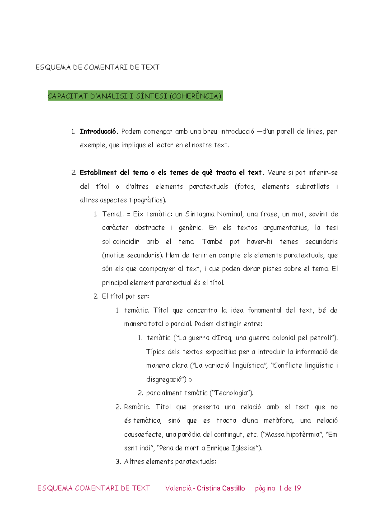 ESQUEMA DE COMENTARI DE TEXT VALENCIÀ (BATXILLERAT) - Studocu