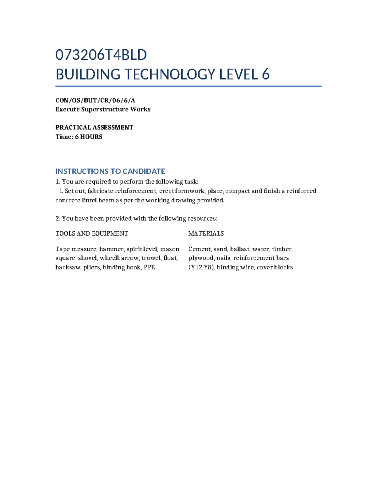 073206T4BLD Building Technology Level 6 Lintel Beam Practical ...