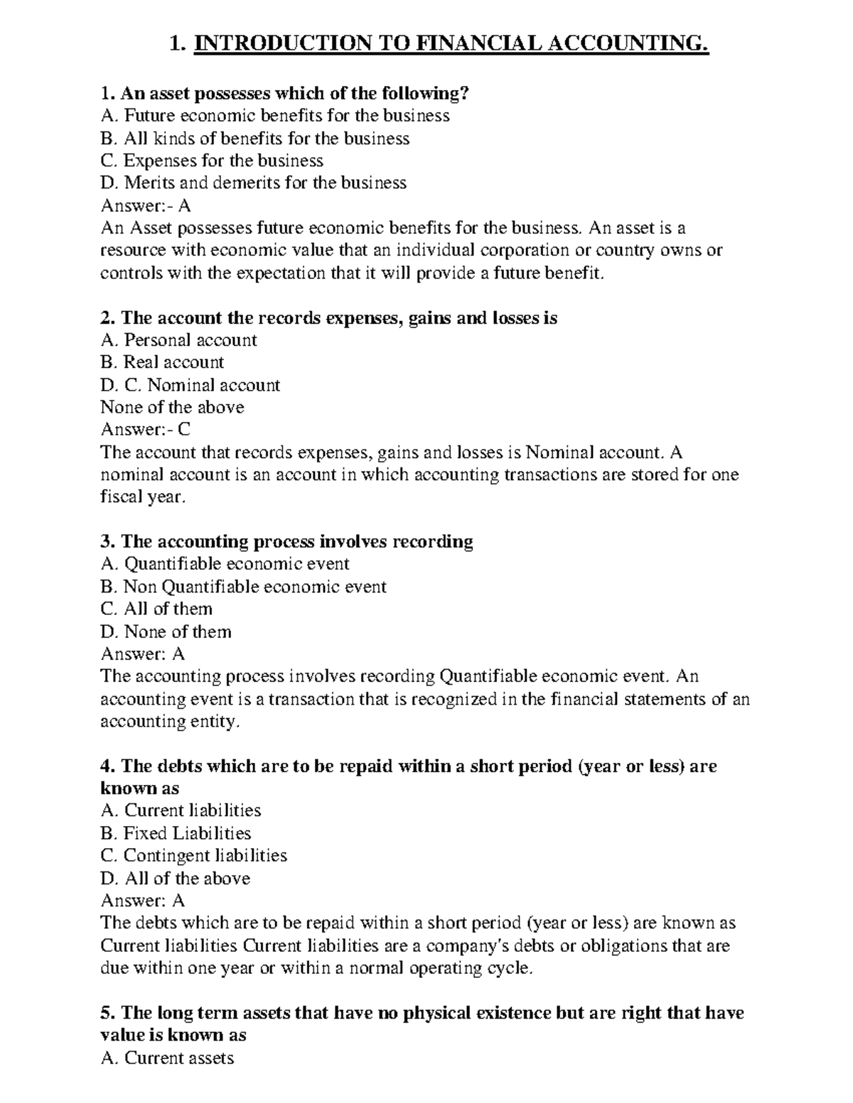 Important MCQs for Introduction to Financial Accounting (ACC101) - Studocu