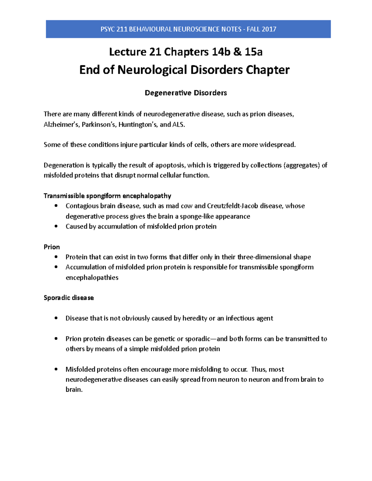 PSYC 211 Lecture 21 - PSYC 211 BEHAVIOURAL NEUROSCIENCE NOTES - FALL ...