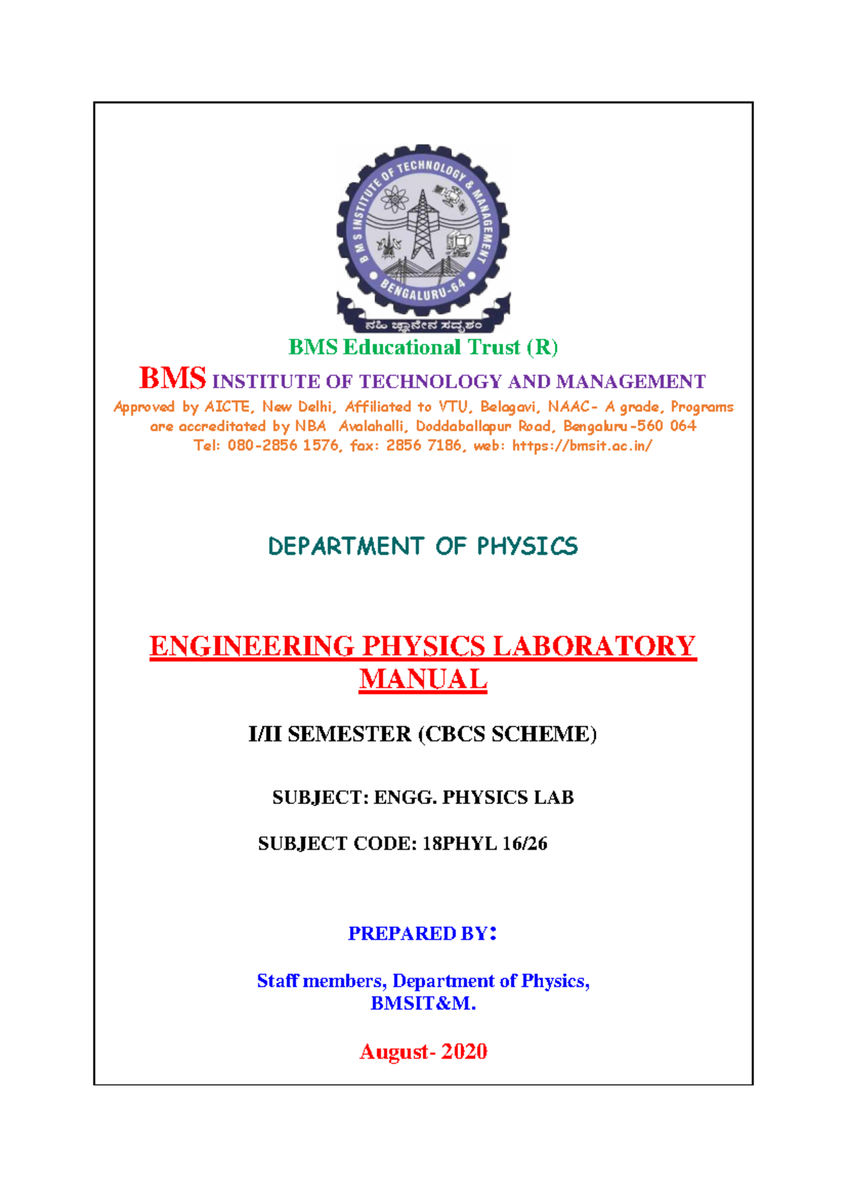 Engineering Physics Lab Manual (18PHYL) - CBCS Scheme - Studocu