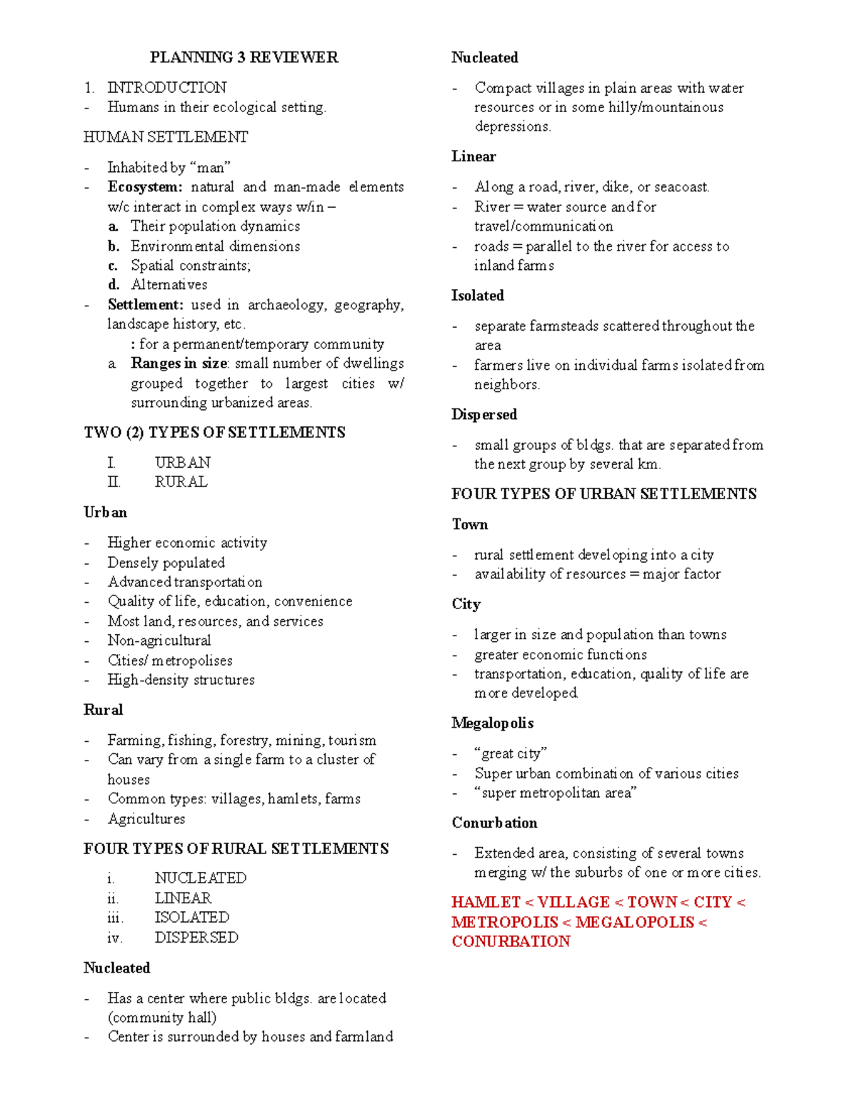 Planning 3 Reviewer: Key Concepts in Urban and Rural Settlements - Studocu