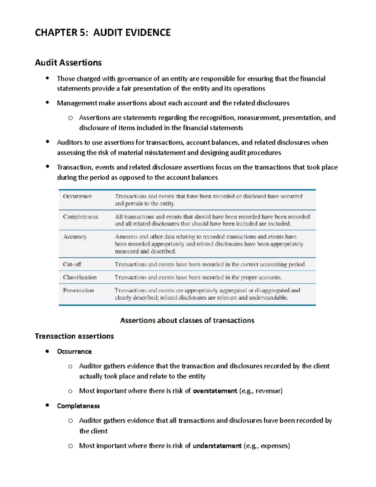 Chapter 5: Understanding Audit Evidence and Assertions (ACCT101) - Studocu