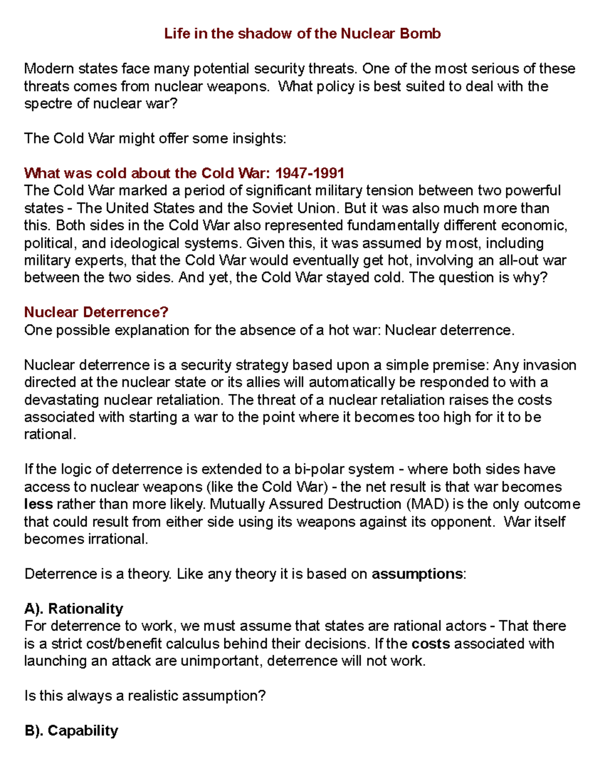 Nuclear Deterrence and the Cold War: Insights from Lecture Summary ...